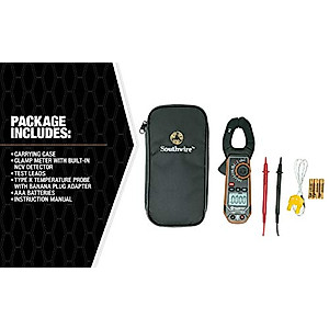 Southwire 21510N clamp meter; third-hand test probe holder; 400A AC current range; CAT III 600V safety rating; built-in non-contact voltage detector; 5 year warranty; Black Brown