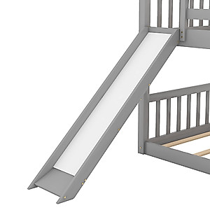 Harper & Bright Designs Low Bunk Bed for Kids, Solid Wood Twin Over Twin Floor Bunk Bed with Slide and Angle Ladders, Twin Bunk Bed for Kids Toddlers Teens (New, Gray)