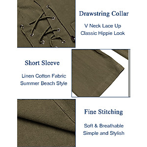 COOFANDY Men Cotton Linen Shirts Lace Up Short Sleeve Beach Shirts Casual Hippie Yoga Renaissance Tunic