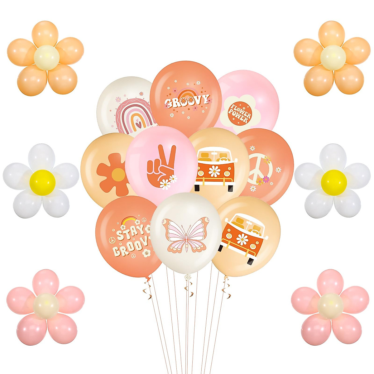 Hiboom 72 Pcs Groovy Retro Hippie Balloons Boho Daisy Party Balloons 12 Inch Rainbow Daisy Flower Butterfly Peace Sign Latex Balloons for Kids Girls Two Groovy Birthday Party Decoration Supply (Boho)