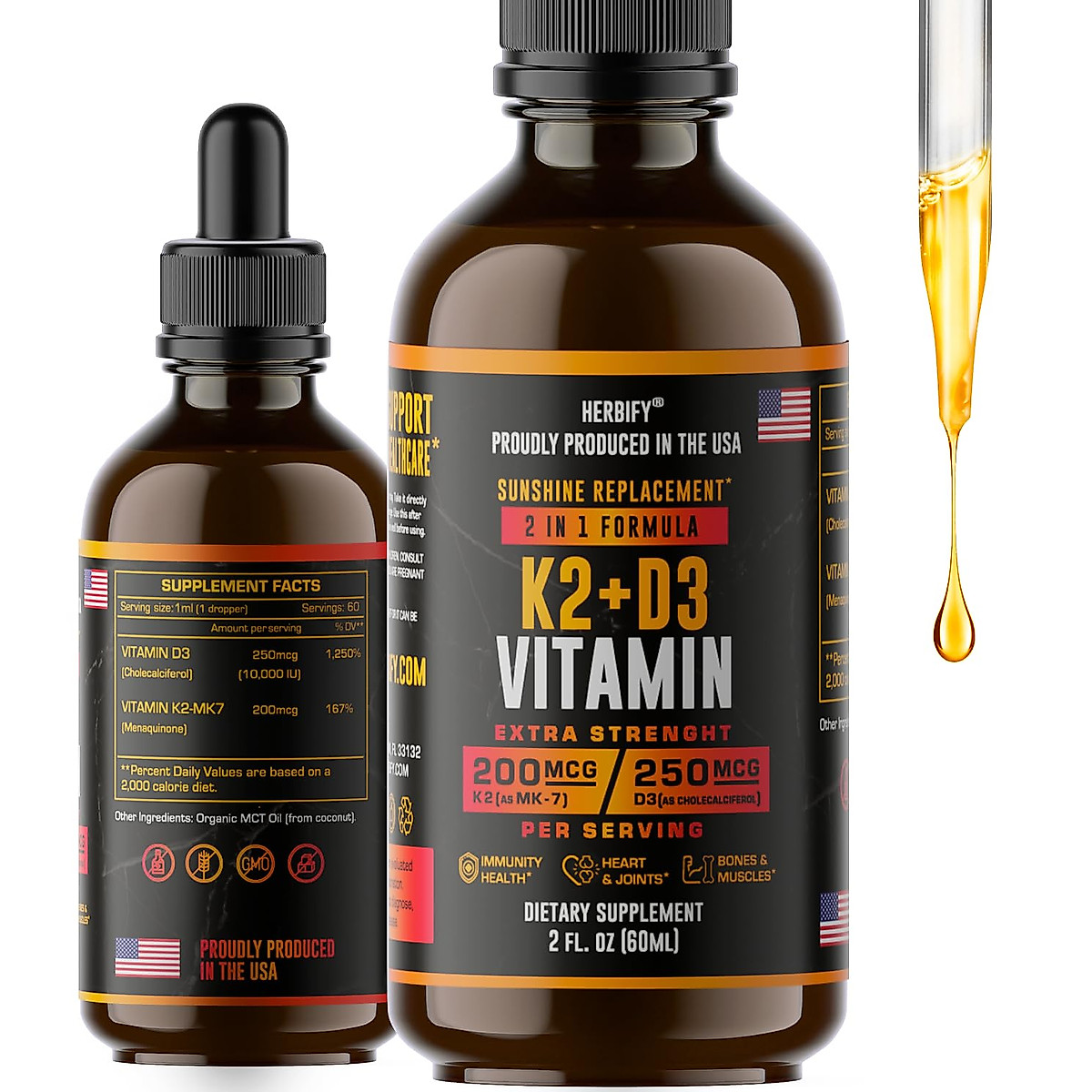 Vitamin D3 K2 Drops – Liquid Vitamins for Women, Men & Teen Vitamins - Bone Strength Supplements - D3 K2 Mt Vitamins for Immune Support & Heart Health - Vitamin D3 10000 Iu Liquid K2 Drops – 2 oz