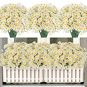 CEWOR 10 Bundles Artificial Daisies Flowers Outdoor, Fake Plastic Plants UV Resistant Faux Greenery for Hanging Planters Window Box Front Porch Indoor Outside Decorations (White)