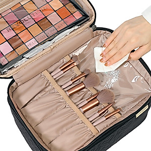 NISHEL Large Double Layer Travel Makeup Bag Women, Large Cosmetic Case, Organizer for Travel-Size Accessories Bottles, Brushes, Conditioner, and Skin Care Products, Black