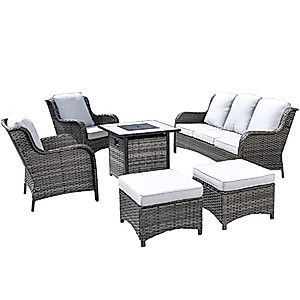 XIZZI Patio Furniture Set Outdoor Conversation Sofa with 30 Inch Square Propane Fire Pit Table All Weather PE Rattan Wicker High Back Outside Couch for Deck and Backyard,Grey Wicker Grey Cushion