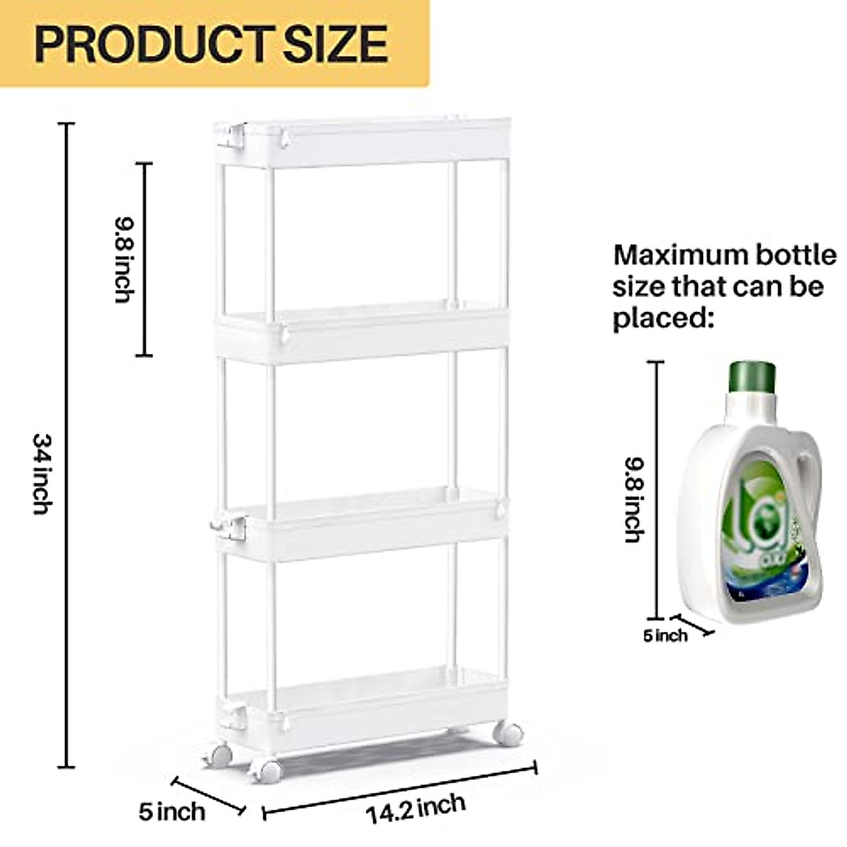 SPACEKEEPER Slim Rolling Storage Cart 4 Tier Bathroom Organizer Mobile Shelving Unit Utility Cart Tower Rack for Kitchen Laundry Narrow Places, White
