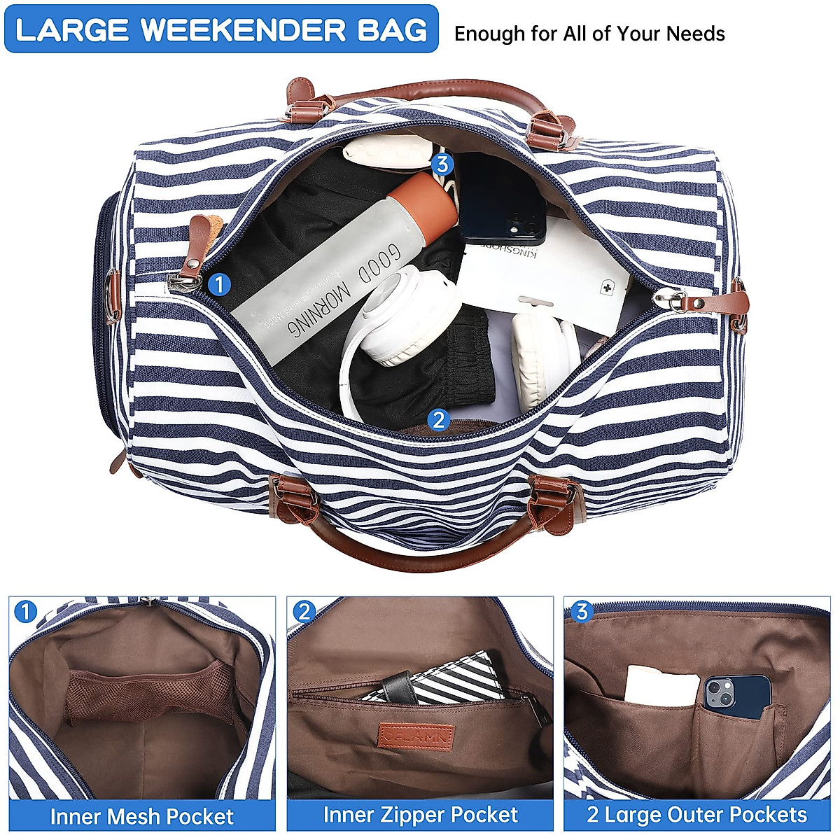 Oflamn Canvas Weekender Bag Large Overnight Bag for Women 47L/21'' Travel Duffel Bag with Shoes Compartment with Toiletry Bag for Travel Business Sport Getaways