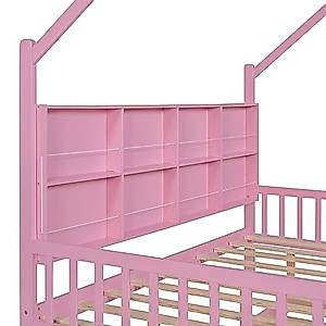BIADNBZ Full Size House Platform Bed with Trundle and Storage Shelves, Wooden Daybed with Roof, Sofabed Frame for Kids/Teens Bedroom, Pink