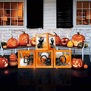 Halloween Balloon Boxes Decorations - Orange Transparent Box for Halloween Baby Shower, Birthday Party Decorations - Includes 4 Box Blocks, Black Ghost Boo Letter Stickers, 20 Latex Balloons