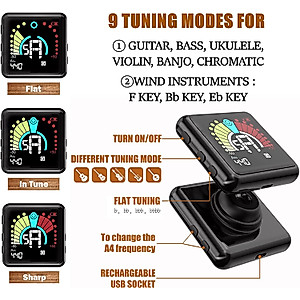 Guitar Tuner Clip on Rechargeable with Metronome Tone Generator for Guitar Bass Ukulele Violin Banjo Chromatic Wind Instrument, Metronome Tuner for All Instruments