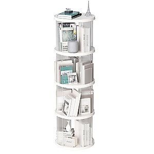 Aeovot Clear Round Rotating Bookshelf, 4 Tier Spinning Bookshelf Swivel Bookcase Tower for Kids Bedroom, Freestanding Modern White Corner Bookshelf Storage Display Rack