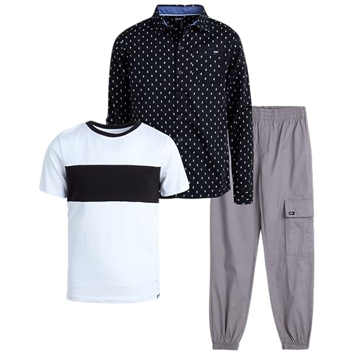 DKNY Boys' Pants Set - 3 Piece Long Sleeve Button Down Plaid Shirt, T-Shirt, Jogger Pants - Clothing Set for Boys (4-12), Size 8, Black