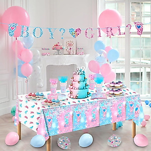 Gender Reveal Decorations, 146Pcs Gender Reveal Plates-Serve 24, Boy or Girl Party Tableware Set with Disposable Paper Plates Napkins Cups Tablecloth for Gender Reveal Party Supplies