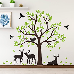 61"x56" Big Green Tree Wall Decals Elk Wall Sticker Leaves Wall Decal DIY Removable Giant Plants Animals Wall Stickers for Baby Kids Girls Bedroom Living Room Nursery Office Sofa Background Home Decor