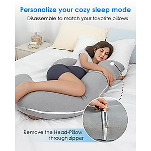QUEEN ROSE Cooling Pregnancy Pillows, E Shaped Maternity Pillow for Sleeping, with Extra Wedge Pillow for Belly Support, 55 Inch Detachable Body Pillow, Breathable Cover, Grey