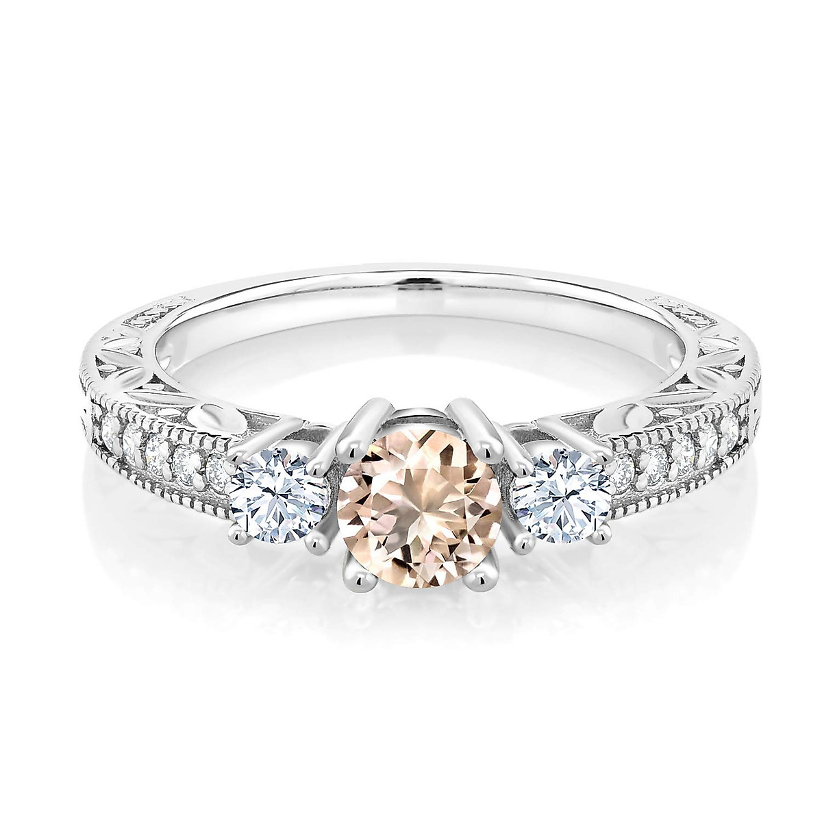 Gem Stone King 925 Sterling Silver Peach Morganite and White Created Sapphire Engagement Ring For Women (0.79 Cttw, Round 5MM, Available in size 5, 6, 7, 8, 9)