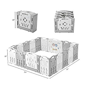 Albott Baby Playpen, Upgraded 18 Panels Foldable Baby Fence with Game Panel and Safety Gate, Adjustable Shape, Portable Baby Play Yards for Children Toddlers Indoors or Outdoors (18 Panel, Grey+White)
