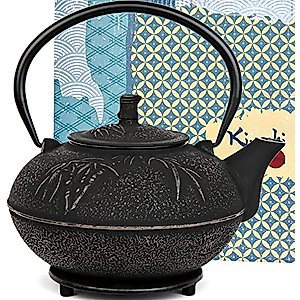 XXL Cast Iron Teapot Xtra Large Capacity 85Oz/2500ml with Trivet and Loose Leaf Tea Infuser, Large Cast Iron Teapot Kettle Stovetop Safe. Tetsubin Coated with Enamel Interior - Big Teapot Black