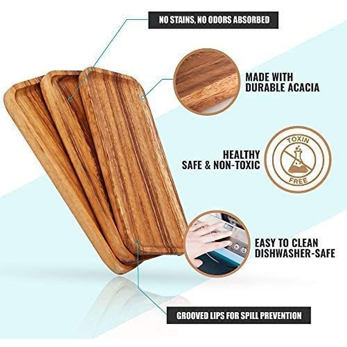 Set of 3pcs Solid Acacia Wood Serving Trays (11 x 4.1 inches) Rectangular Wooden Serving Platters for Home Decor, Food, Vegetables, Fruit, Charcuterie, Appetizer Serving Tray, Cheese Board Plate