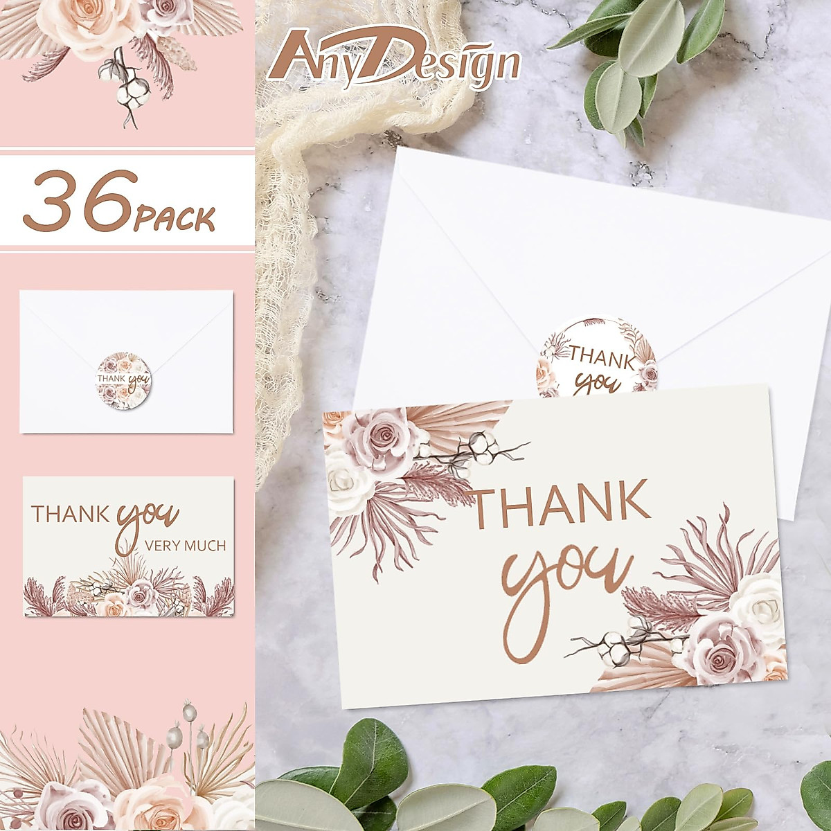 AnyDesign Boho Floral Thank You Cards Bulk 36 Pack Boho Rose Bouquets Note Cards with Envelope Stickers Flower Blank Cards for Wedding Bridal Shower Baby Shower Birthday Party, 4 x 6 Inch