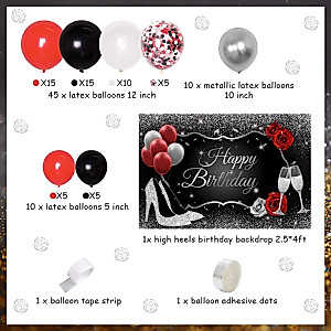 Red Black and Silver Party Decorations for Women Birthday Party Supplies Red Black and Silver Balloon Garland Silver Glitter Happy Birthday Backdrop High Heels Champagne Glass Background