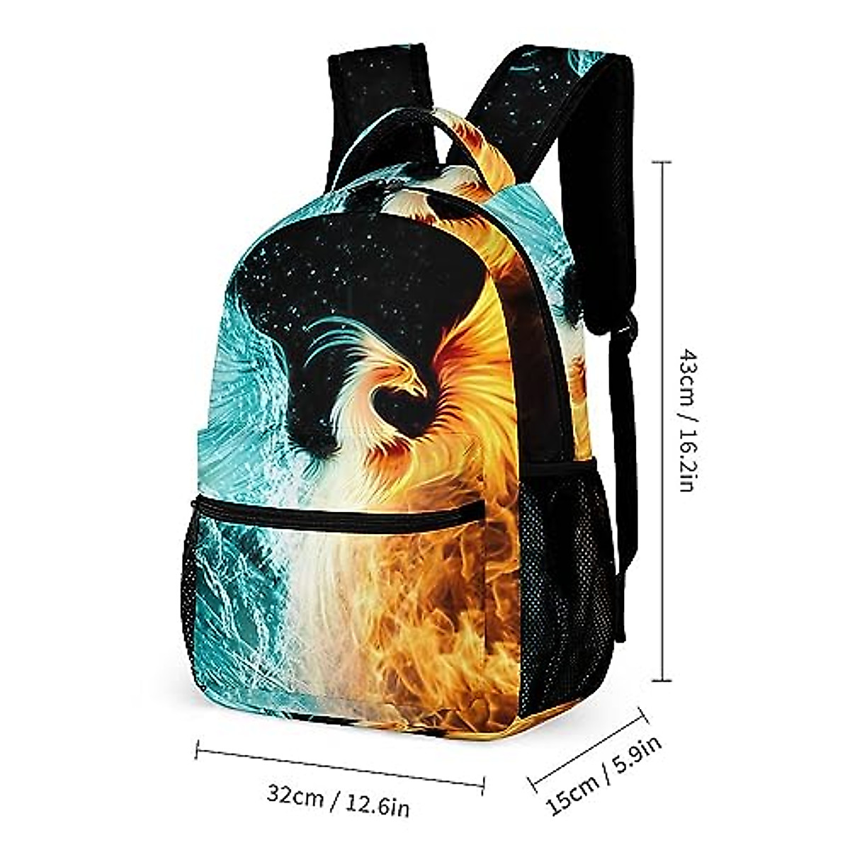 Supdreamc Lightweight Daypack Bookbag for Trekking Business Walking Cycling - Big Capacity Anti-Theft Multipurpose Carry On Bag, Ice Water Fire Flame Phoenix Bird Art Business Computer Bag