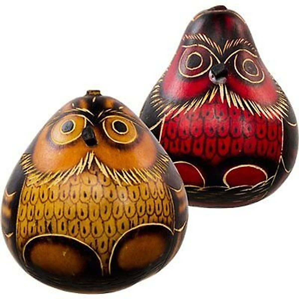 Gourd Shakers Owl Maracas Rattlers Hand Carved Peru Mix Colors Andes (Set of 2)