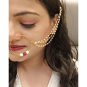 Efulgenz Indian Jewelry Faux Pearl Nose Ring Hoop Pin Stud Fake Septum Ring with Chain Nose to Ear Chain Non Piercing Body Jewelry, Metal, not known