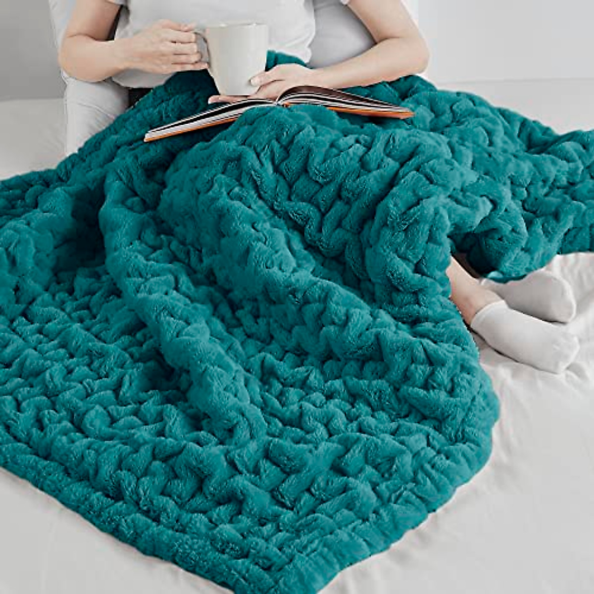 Madison Park Ruched Faux Fur Luxury Throw Teal 50*60 Premium Soft Cozy Brushed Long Faux Fur For Bed, Coach or Sofa