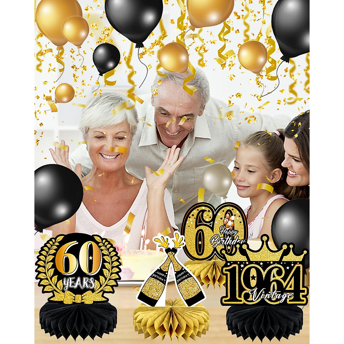 9 Pcs 60th Birthday Decoration for Men Women 60th Birthday Centerpieces for Tables Cheers to 60 Years Birthday Honeycomb Decor 1964 Birthday Table Topper Black and Gold 60th Birthday Party Favors