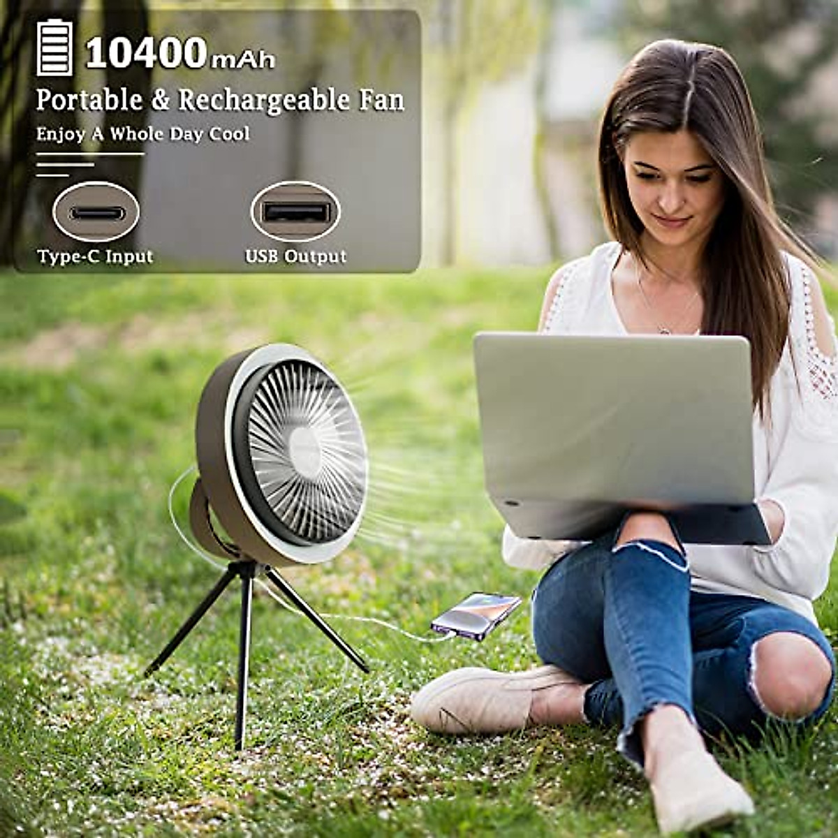 Yonktoo 10400mAh Portable Rechargeable Fan, Remote Desk Camping 8-Inch Fan with LED Lantern，Mobile Power Bank, 3 Speeds 3 Lighting Modes,Fan for Bedroom, Office Outdoor and Tent