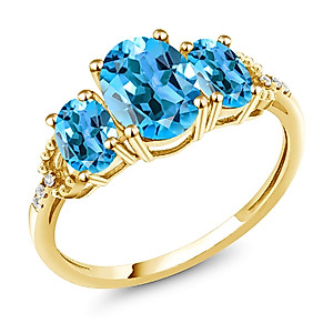 Gem Stone King 10K Yellow Gold Oval Swiss Blue Topaz 3 Stone Ring For Women (2.64 Cttw, Gemstone Birthstone) (Size 8)