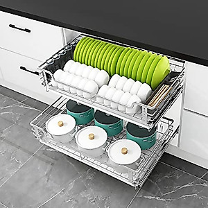 2 Tier Pull Out Cabinet Drawer Organizer Heavy Duty Pull Out Spice Rack 304 Stainless Steel Deepen 47cm Kitchen Slide Out Storage Shelf for Cans, Bakeware for Pantry, Cupboard, Bathroom Cabinet (59W*