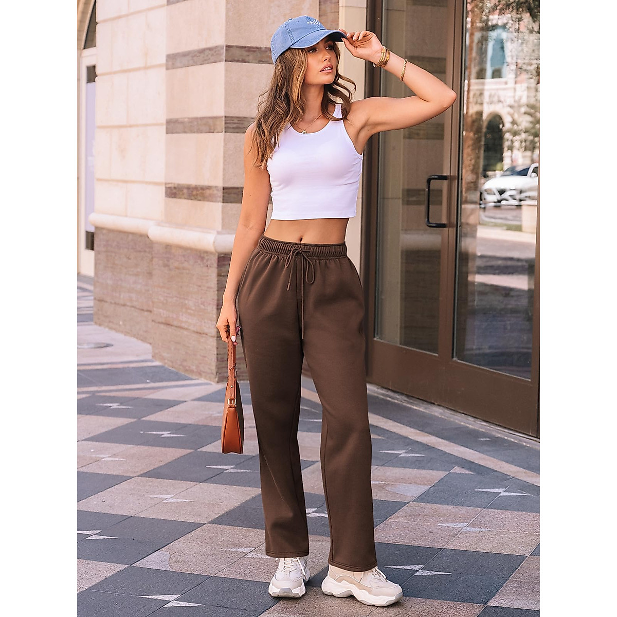 AUTOMET Women's Wide Leg Sweatpants Fleece Lined Baggy Straight Leg Lounge Pants Fall Outfits Athletic Joggers with Pockets Brown L