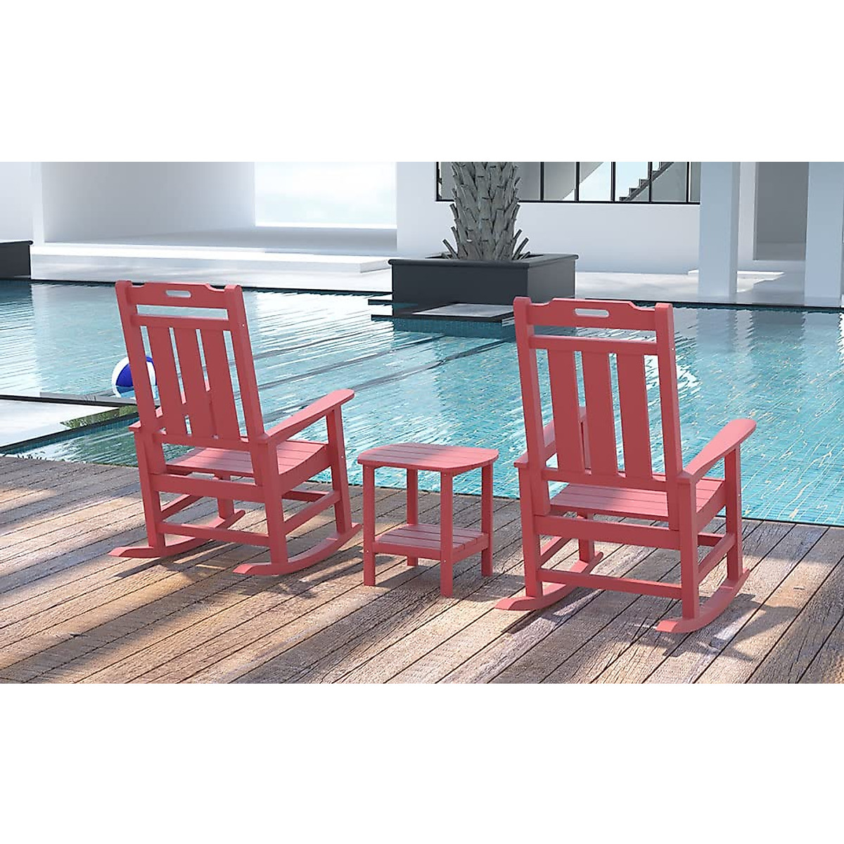 kevinplus Outdoor Rocking Chair Set of 2 with Side Table for Porch, Outdoor Rocker Chair Set for Backyard Lawn Patio, Outdoor HDPE Adirondack Rocking Chair All Weather Resistant (3-Pcs Red)