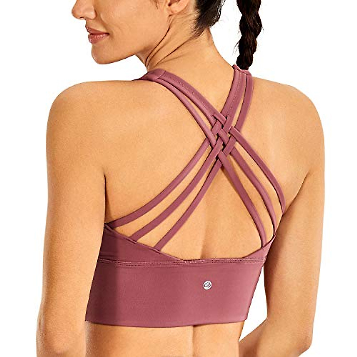 CRZ YOGA Strappy Longline Sports Bras for Women - Wirefree Padded Criss Cross Yoga Bras Cropped Tank Tops Misty Merlot Medium