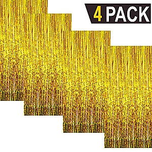 GOER 3.2 ft x 9.8 ft Metallic Tinsel Foil Fringe Curtains Party Photo Backdrop Party Streamers for Birthday,Graduation,New Year Eve Decorations Wedding Decor (4 Packs,Gold)