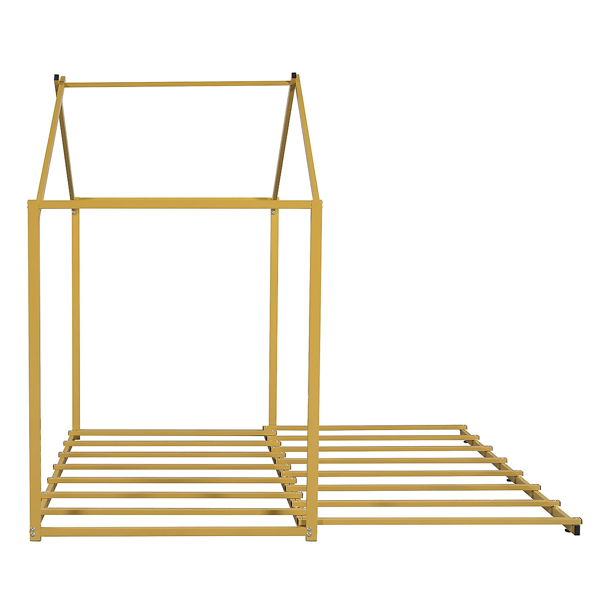 Merax Metal Twin Size House Platform Bed with Trundle, Floor Bed Frame with Roof & Slat, Twin to King Design Playhouse Beds for Kids, Gold