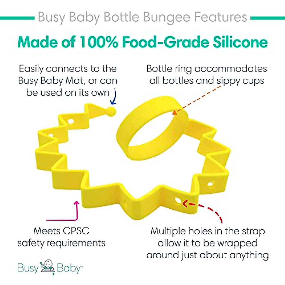 Busy Baby Bottle Bungee - Sippy Cup Strap - Keep Bottles and Sippy Cups Off The Floor - Great for Babies, Toddlers and Kids - Food Grade Silicone - Dishwasher Safe - Spearmint