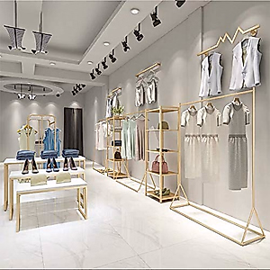 MDEPYCO 5-Tier Clothing Retail Heavy Duty Metal Display Rack,Shoe Bag Jewelry Potted Plants Crafts Organizer Shelves,Home Kitchen Bedroom Bathroom Office Floor-Standing Storage Shelf (Gold)