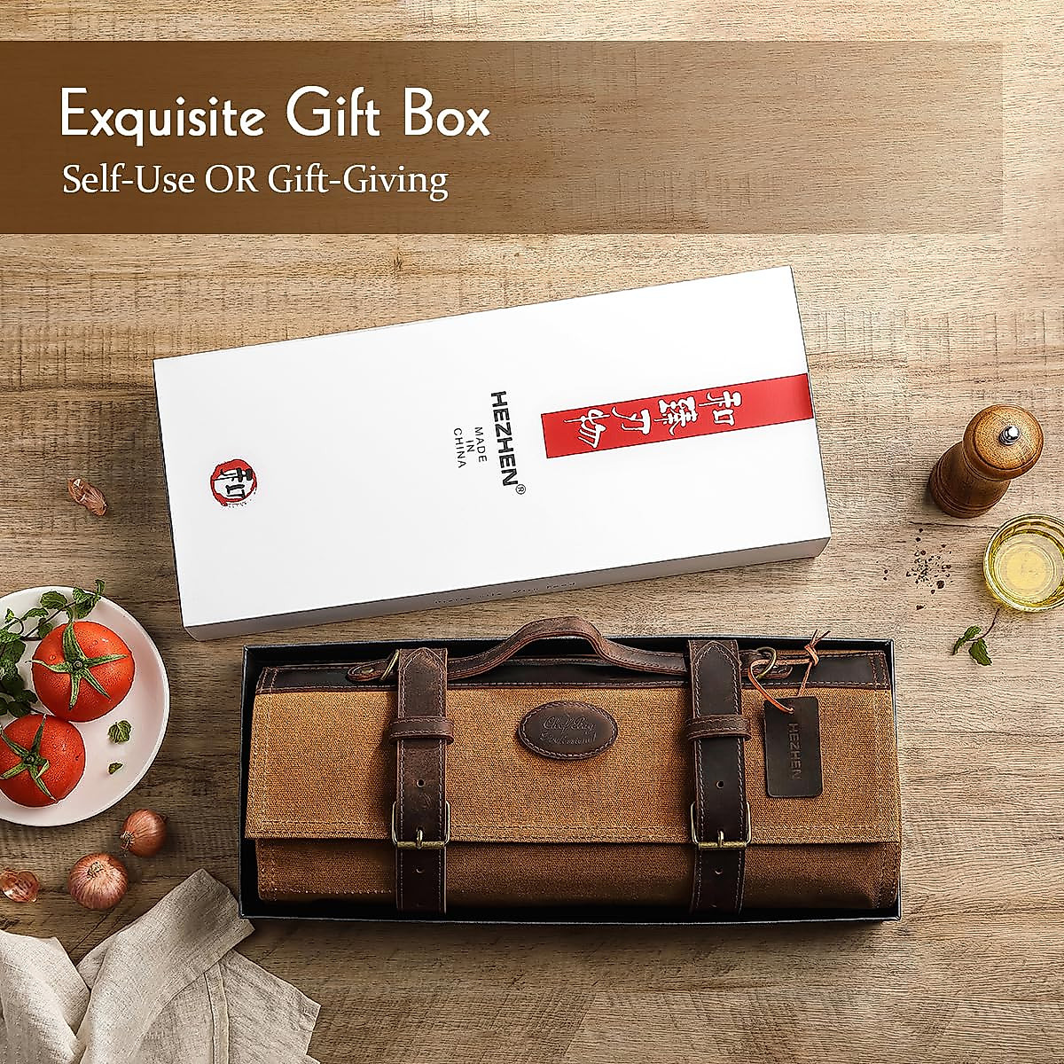 Chef Knife Roll Bag 16oz Oil Waxed Canvas with Cazy Horse Leather, 12 Slots & 2 Zipper Pockets, Portable Backpack Knife Case Storage, Detachable Adjustable Shoulder Strap Belt(Not Included Knives)