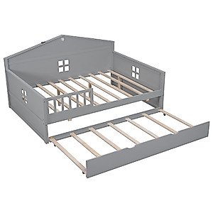 Merax Full Size Wooden Daybed with Trundle and Sensor Light, House Shaped Daybed for Kids, Boys and Girls, No Box Spring Needed, Grey