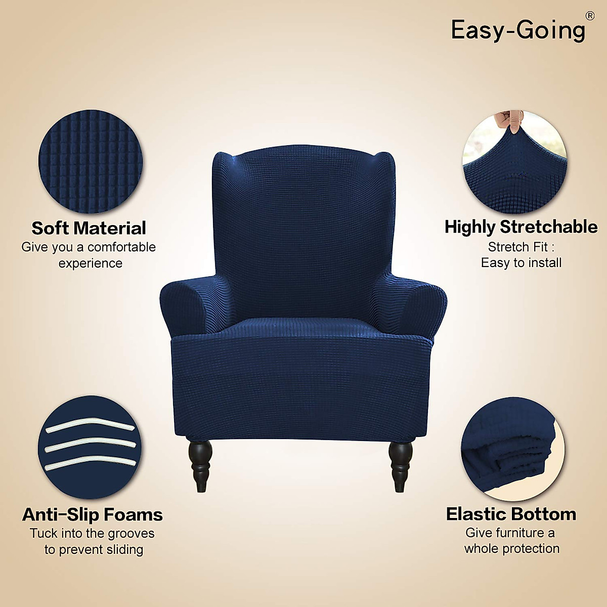 Easy-Going Stretch Wingback Chair Sofa Slipcover 1-Piece Sofa Cover Furniture Protector Couch Soft with Elastic Bottom Polyester Spandex Jacquard Fabric Small Checks(Wing Chair,Navy)