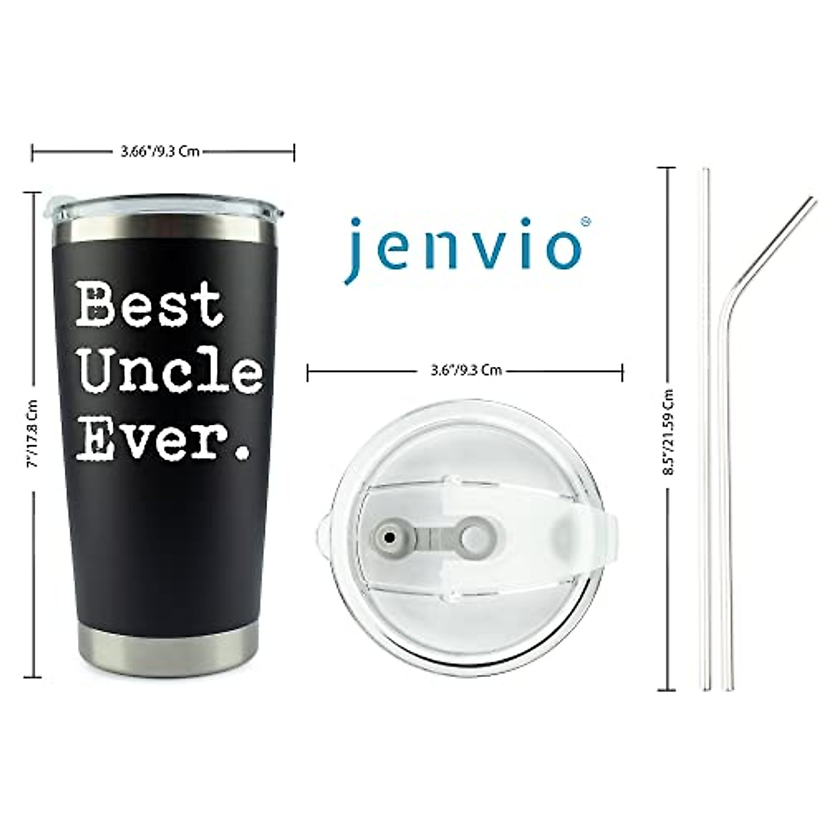 JENVIO Uncle Gifts | Best Uncle Ever | 20oz Stainless Steel Laser Etched Travel Tumbler/Mug Sliding Lid and 2 Straws | Funny Fathers Day Gift for Uncle From Niece, Nephew, Sister (20 Ounce)