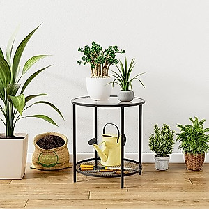 CADANI End Table, Glass Side Table with Open Storage, 2-Tier Black Accent Table with Sturdy Metal Frame, Modern Round Coffee Table for Living Room, Bedroom, Balcony, Patio