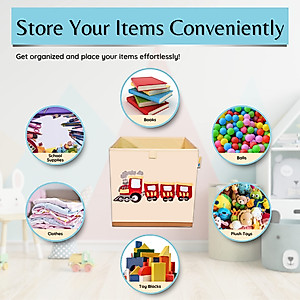 Product 4 Kids - Washable Toy Box Storage Cube, Canvas Toy Chest Organizer Foldable Kids Toy Storage Organizers for Child's Bedroom or Playroom -13x13X13 Inch (Truck+Train)
