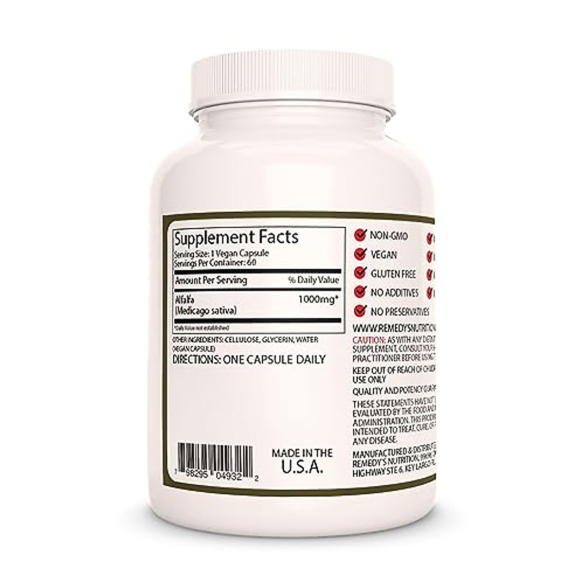 Remedy's nutrition Alfalfa 1,000mg Vegan Capsules Herbal Supplement - Non-GMO, Gluten Free, Dairy Free - Two Month Supply (60 Count)