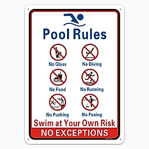 Pool Rules Signs No Diving No Glass Sign, No Food No Pushing No Running No Peeing in Pool Swim at Your Own Risk Signs, 14 x 10 Inches Rust Free Rust Free Aluminum, Easy Mounting (1 Pack )
