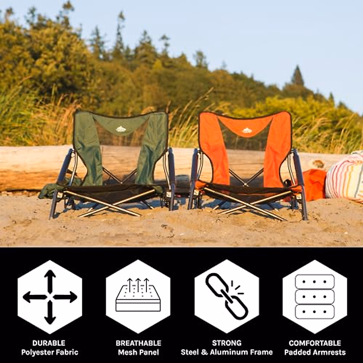 Cascade Mountain Tech Camping Chair - Low Profile Folding Chair for Camping, Beach, Picnic, Barbeques, Sporting Event with Carry Bag, Polyester, Green