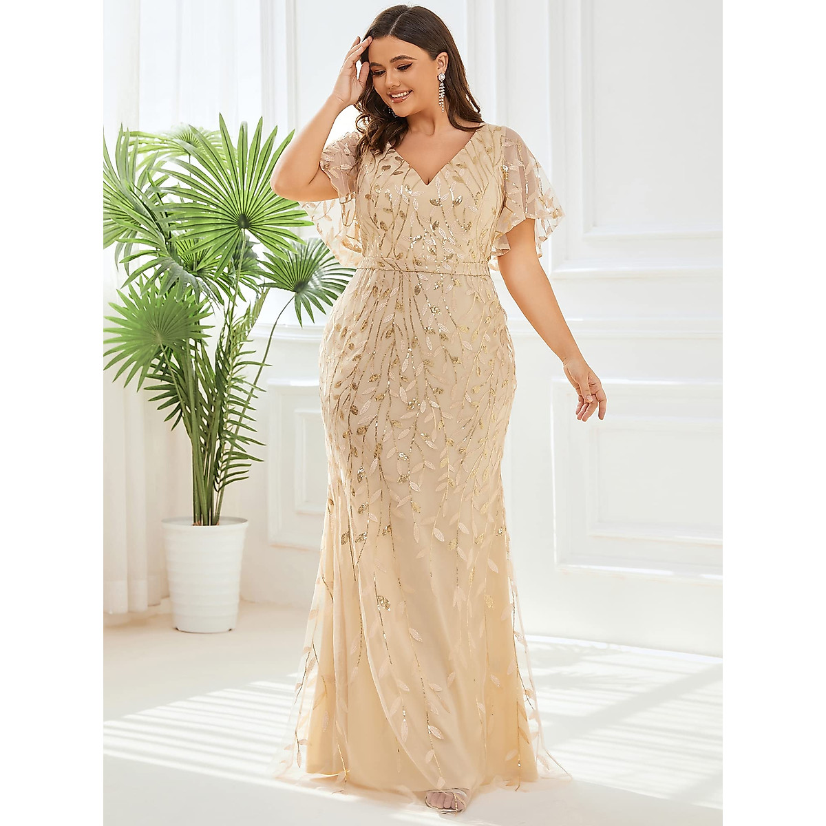 Ever-Pretty Women's V-Neck Sparkly Embroidery Formal Dresses Plus Size Sequin Mother of The Bride Dresses Gold US18