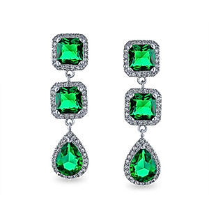 Long Geometric Simulated Emerald Green Teardrop CZ Statement Chandelier Earrings For Women For Prom Silver Plated
